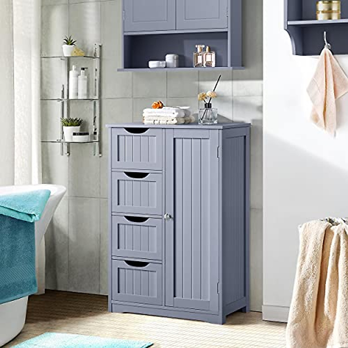 Yaheetech Bathroom Floor Cabinet, Freestanding Storage Oragnizer Unit Kitchen Cupboard W/ 4 Drawers & Adjustable Shelves, Using for Living Room/Kitchen/Bathroom, Gray