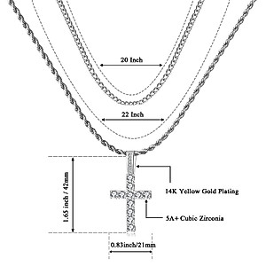 GEMOSA Cross Chain for Men 14K Gold Silver Plated Solid Iced Out 5A+ Cubic Zirconia Stainless Steel Cuban Link rope Layered Chains 1624 Inch Large Cross Diamond Pendant Nceklace for Women Boys Girls