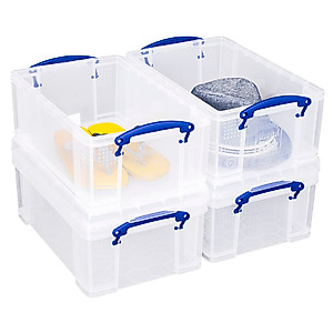 Really Useful Box 9 Litre Plastic Storage Box Clear, Multi-purpose stacking storage, with a lid and clip lock handles, Ideal for home, office, school and arts and crafts storage (Pack of 4)