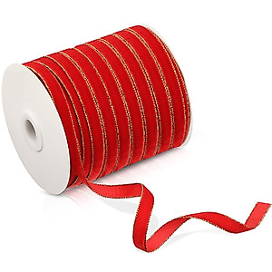Syhood Christmas Velvet Ribbon with Gold Edge Waterproof Wrapping Velvet Wired Ribbon Decoration for Xmas Wreath Bows Floral Craft Ornaments(3/8 Inch x 60 Yard,Red)
