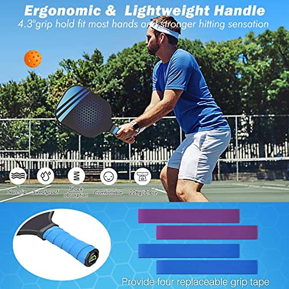 MoKo Pickleball Paddles Set of 4, Fiberglass Surface Raquette Set Honeycomb Core with 4 ballls+2 Ball Retriever+4 Replacement Soft Grip+1 Bag, Gift for Kids Men Women, Blue+Purple