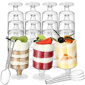 HawHawToys 60 Pack 3 Oz Mini Dessert Cups Disposable Appetizer Cup Goblet,Pedestal Clear Plastic Wine Glasses Parfait Appetizer Cups Serving Bowls for Tasting Party, Wedding, Birthday