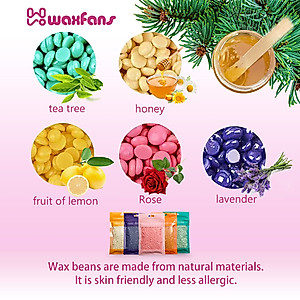 Hard Wax Beans 1.1lbs with 5 Packs,Waxfans Wax Beads for Hair Removal,Waxing Beans for Women and Men,at Home Waxing for Full Body，Include 10 Waxing Applicators and 5 Nose Waxing Sticks