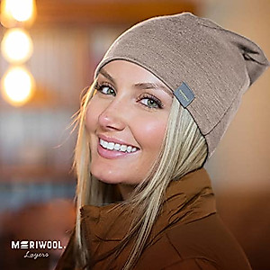 MERIWOOL Unisex Merino Wool Cuff Beanie Winter Hat for Men and Women Khaki