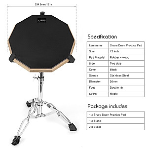 Practice Drum Pad, 12 Inch Exercise Pads Set Mat for Adult Kids with Snare Drums Stand Double Sided Drumsticks Black