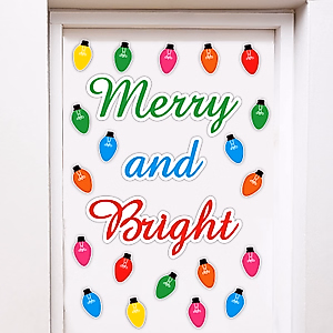 Christmas Bulletin Board Decorations, Merry and Bright Light Bulb Paper Cutouts Xmas Holiday Winter Classroom Wall Decorations for Kids Nursery Home Bedroom
