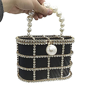 Synthetic Pearl Top-Handle Women Metal Bucket Bag Crystal Evening Purses and Clutches Formal Wedding Handbags (Black)