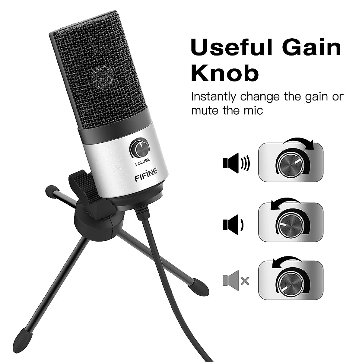 FIFINE USB Microphone for Zoom Video Meeting Online Class on PC Computer, Metal Condenser Desktop Mic with Gain Control for Windows and Mac, Silver - K669S