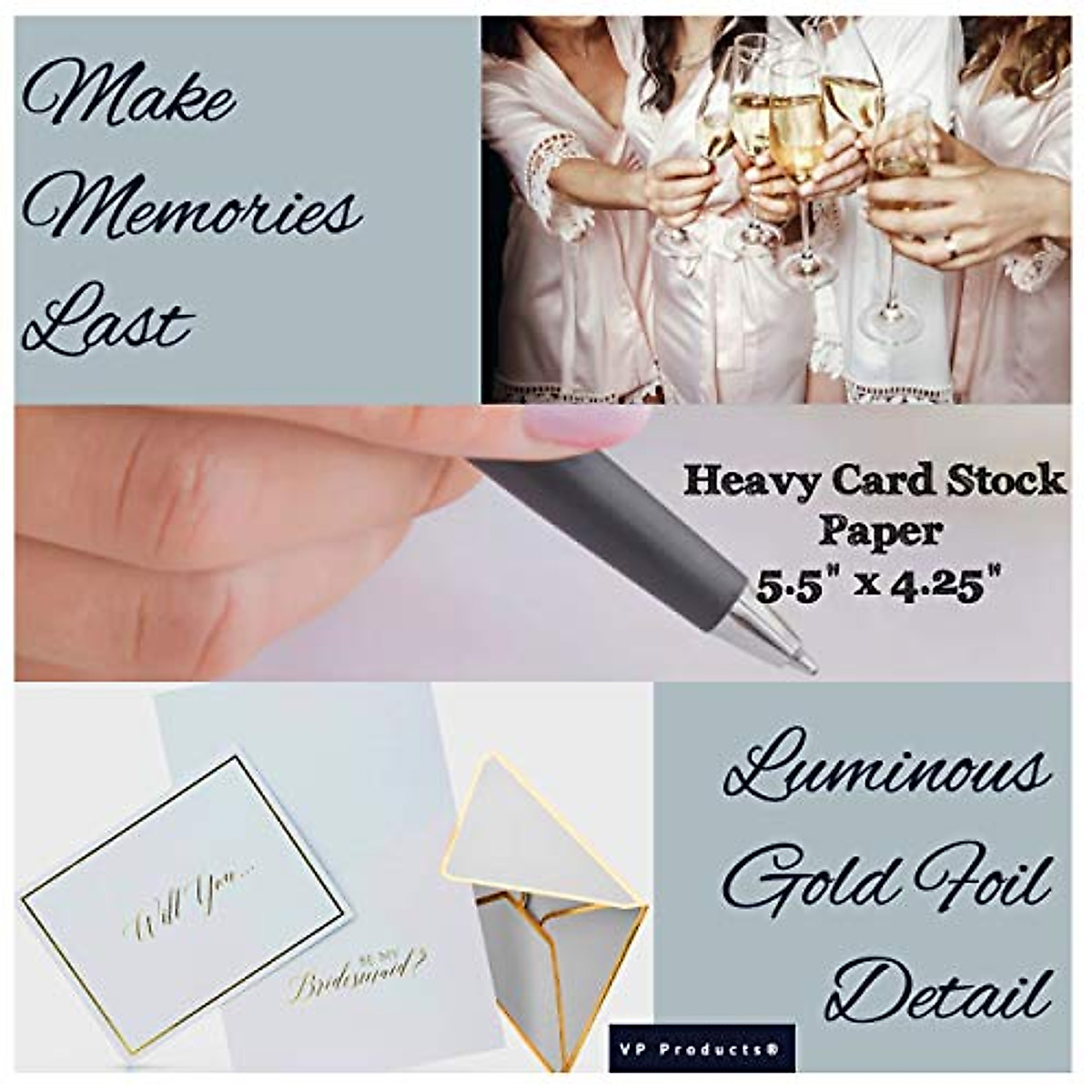 VP Products Bridesmaid Proposal Cards Set of 8 – Will You Be My Bridesmaid+Maid of Honor Card–For Bridesmaid Proposal Box Bridesmaid Gifts - Gold and Rose Gold Foil – Size 4.25 x 5.5” (Pink/Gold)
