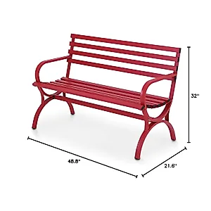 PHI VILLA Outdoor Garden Bench, 48” Long Metal Steel Bench with Backrest and Armrests, Modern Slatted Design for Patio, Lawn, Balcony, Yard, Porch and Indoor - Red
