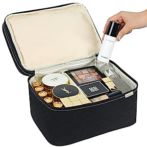 FINDCOZY Large Travel Makeup Bag, Double Layer Cosmetic Case for Women, Organizer for Travel Accessories Brushes, Beauty, Eyeshadow Palette, Lipstick, Black