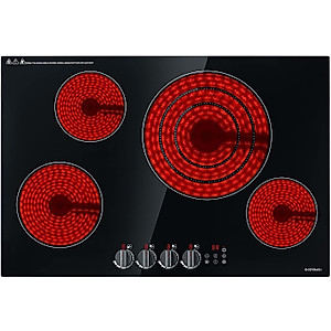 ECOTOUCH Eelectric Cooktop 30 inch 4 Burner 220-240V 6900W, Radiant Electric Cooktop Built-in, 30" Stove Top Knob Control, Timer&Child Safety Lock, for Hard Wire(No Plug), CRAH774A-U