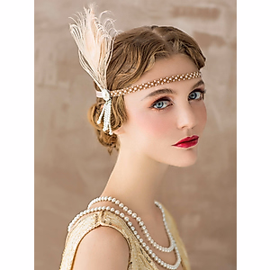 SWEETV 1920s Headpiece Flapper Headband, Pearl Peacock Feather Hair Band, Great Gatsby Accessoreis for Women, Blush Pink