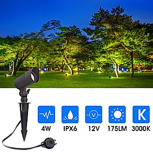 E ENERGETIC LIGHTING LED Landscape Lights with Connectors, 12V Low Voltage, Warm White 3000k, 4W, 175LM, Outdoor Waterproof Garden Pathway Lights Wall Tree Flag Spotlights with Spike Stand, 2 Pack
