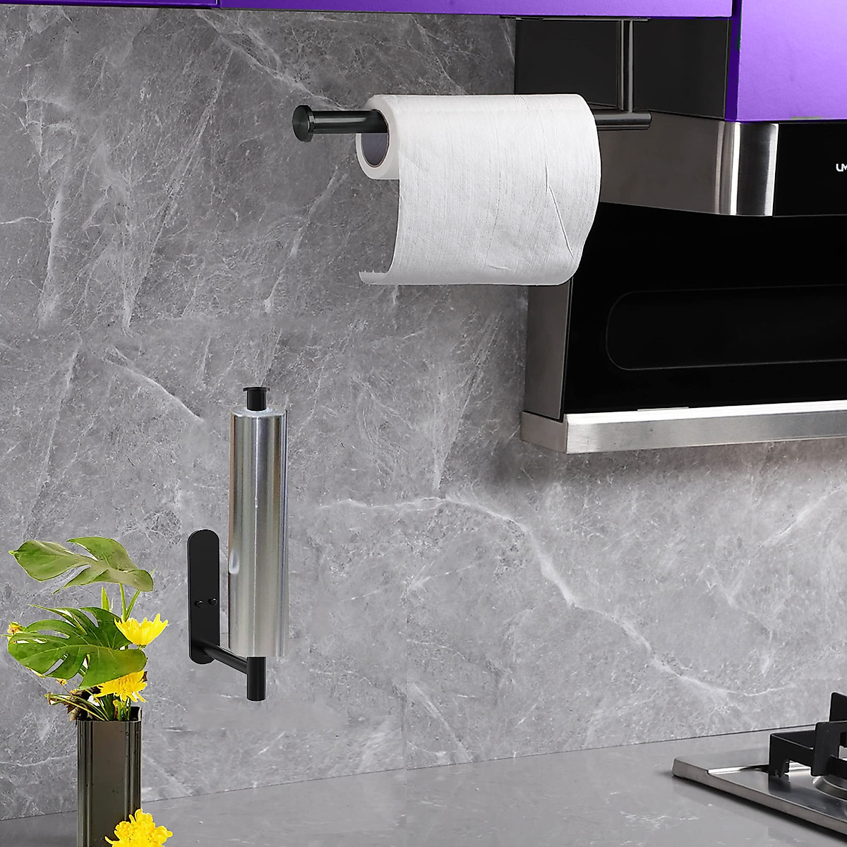 Tujjhoum Paper Towel Holder, Under Cabinet Paper Roll Holder Big Roll, Wall Mounted Matt Black Paper Holder for Kitchen, Bathroom, RV, Self-Adhesive and Drilling Optional