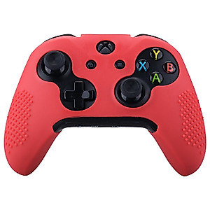 9CDeer 1 Piece of Studded Protective Silicone Cover Skin Sleeve Case + 8 Thumb Grips Analog Caps for Xbox One/S/X Controller Red Compatible with Official Stereo Headset Adapter