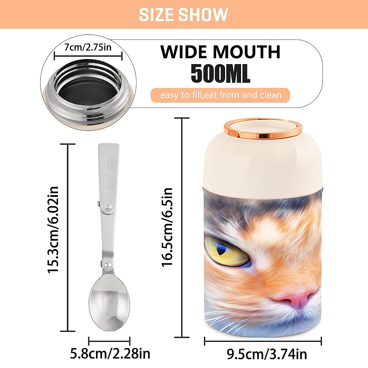 CUPADA Pretty Kitten Cute Food Jar, Lovely Cats Pets Insulated Hot Food Jars Vacuum 17OZ with Folding Spoon for Work Trip Picnic Camping