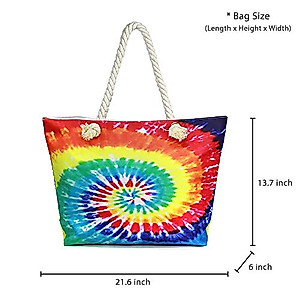Me Plus Women Summer Large Beach Tote Bag Top Zipper Closure Braided Rope Handles Inner Pocket (TIE DYE - Multi)