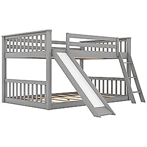 GLORHOME Full Over-Full Wood Bunk Bed with with Convertible Slide and Ladder, Solid Slat Support Bedframe for Kids Teens Bedroom, No Box Spring Needed, Grey