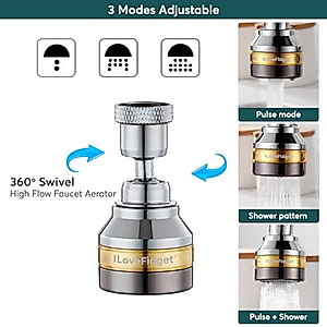 ILoveFidget Kitchen Faucet Spray Head, Solid Brass and Stainless Steel, 360 Degree Rotatable Aerator – 3 Flow Mode Adjustable, High Pressure Booster, Anti-Splash, Water Saving Faucet Sink