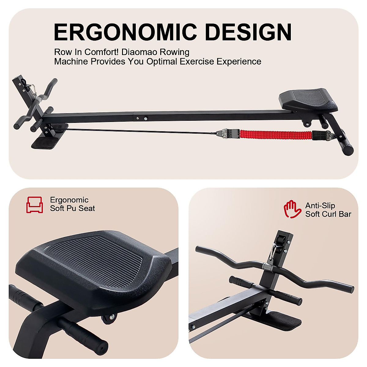 Diaomao Multi Rowing Machines for Home Use, Adjustable Resistance Rower Machine with Comfortable Seat Cushion and Curl Bar, 180LBS Loading Capacity (Rowing Machine)
