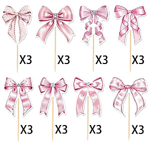 SAMOKA Pink Bow Cupcake Toppers,24 PCS Bow Birthday Cake Topper,Girls Birthday Party Decorations,Bowknot Cupcake Decorations for Bridal Baby Shower Birthday Wedding Themed Party