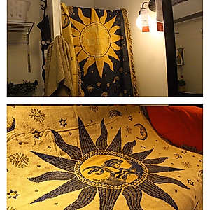 Hippie Throw Blanket Sun Moon Stars Boho Throw Blankets Celestial Tapestry Double-Sided Reversible Woven Cotton Home Decor Bedding Chair Couch Recliner Cover Oversized Tassels Astrology 50"x70"