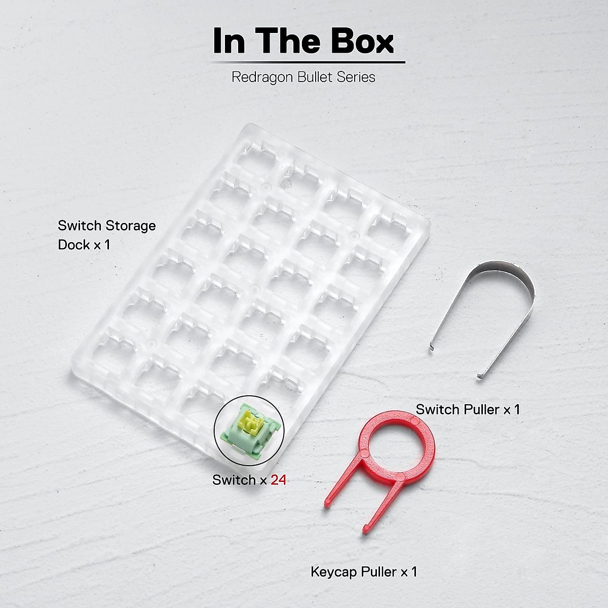 Redragon A113 Bullet-QT Soft Tactile Mechanical Switch, 3-Pin Plate Mounted Quiet Tactile Equivalent, Hot-Swappable DIY Keyboard Switch Mod, 50 Million Click(24 pcs Switches, Keycap + Switch Puller)
