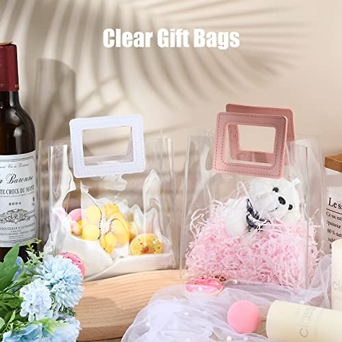 24 Pcs Clear Gift Bag with Handle, Small Transparent PVC Gift Bag Heavy Duty Bulk Tote PVC Bag Plastic Reusable Gift Wrap Bags Shopping Bags for Wedding, Bridal Baby Shower Party Favor, 7 x 4 x 8 Inch