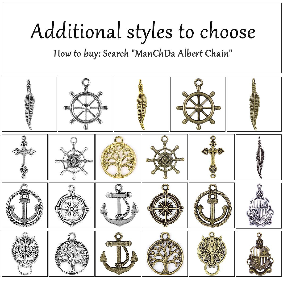 ManChDa Double Albert Chain Pocket Watch, Curb Link Chain 3 Hook Antique Plating Shield Design Fob T Bar for Men Bass with Rudder