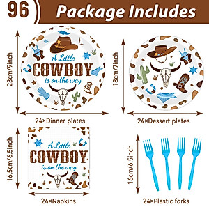 gisgfim 96Pcs Cowboy Baby Shower Plates and Napkins Party Supplies Western Cowboy Party Birthday Tableware Set A Little Cowboy is on the Way Party Decorations for Boy Baby Shower Serves 24