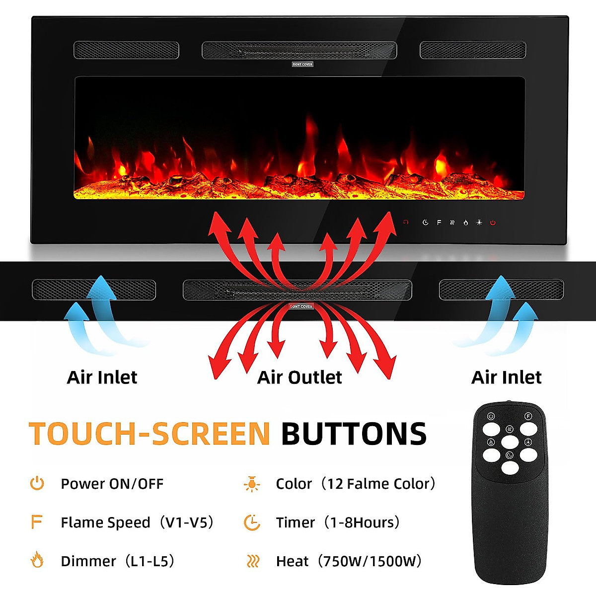SANHSEHOME Electric Fireplace Inserts 40 Inch Wide Wall Fireplace Electric with Remote Control Electric Fireplace Wall Mounted Recessed with 12 Flame Colors Fake Log & Crystal 1-8h Timer 750W/1500W