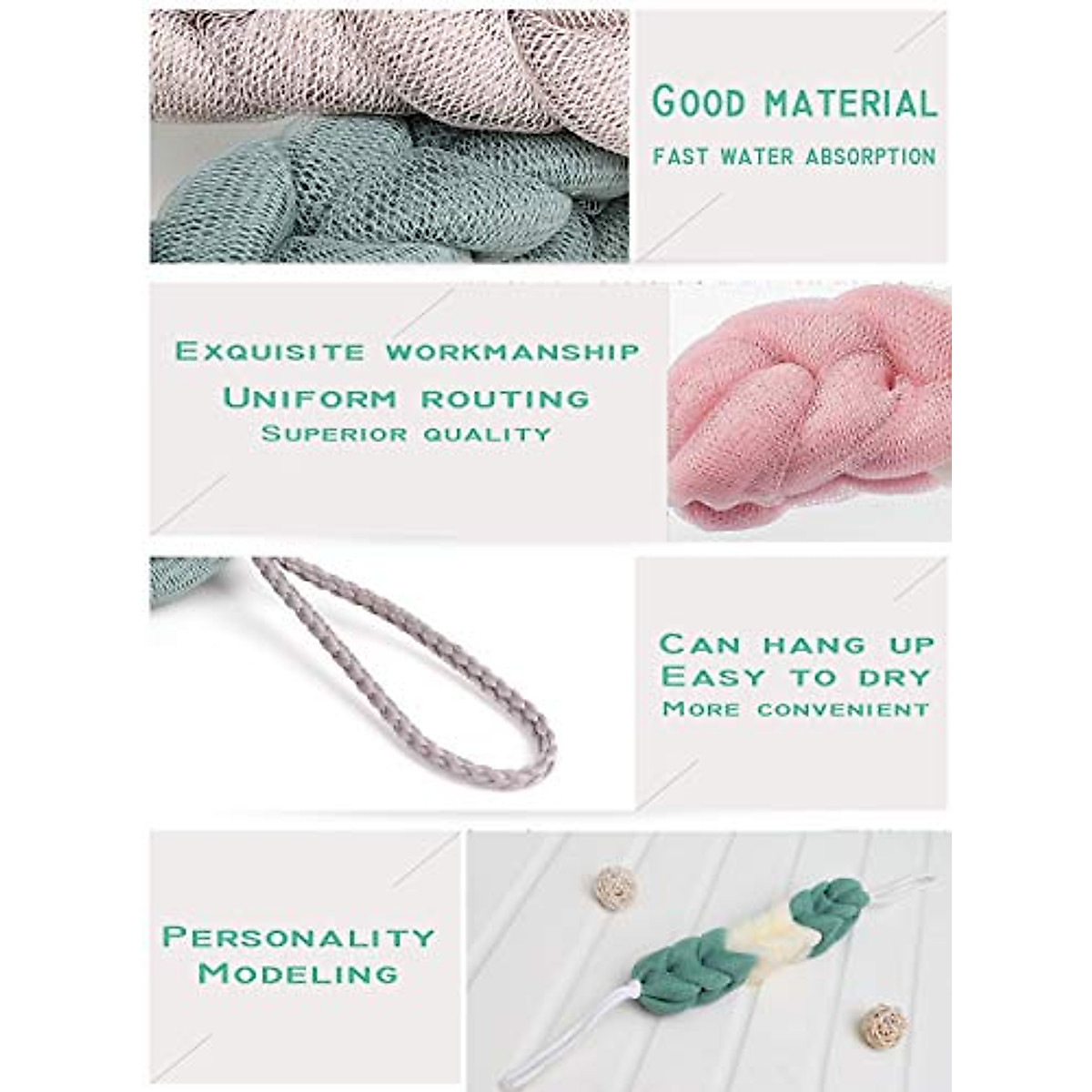 AARainbow 4 Packs Long Stretch Back Sponge with Rope Handles Back Scrubber Bath Shower Mesh Sponge Exfoliating Body Scrub Stretch Braided Loofah for Men and Women (B-1 Grey+1 Green+1 Pink+1 Coffee)