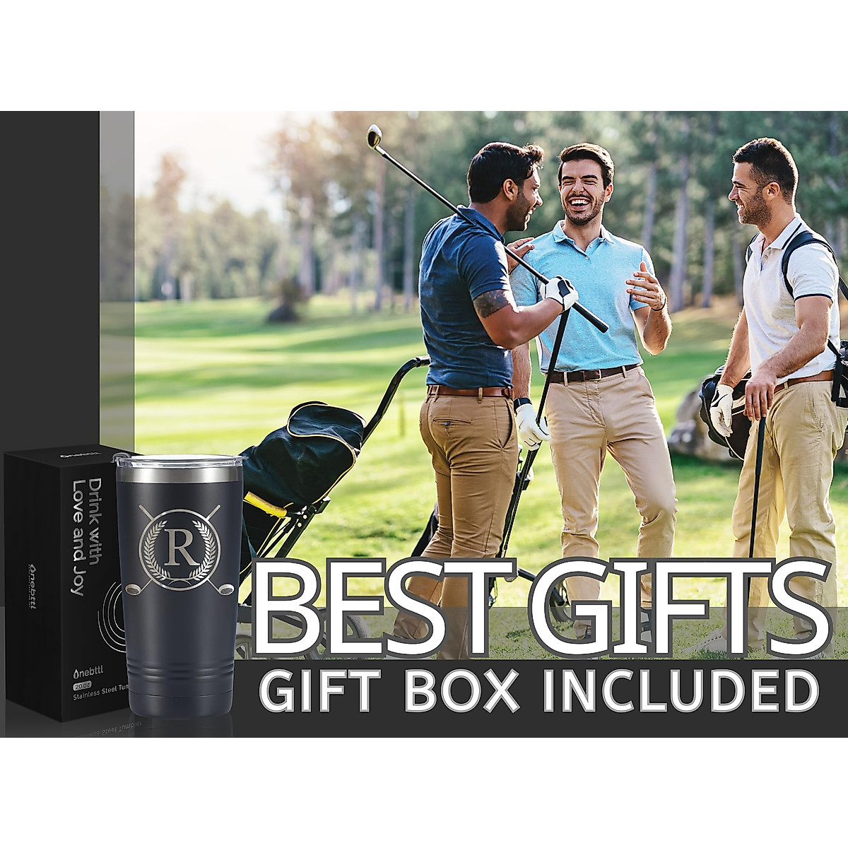 Onebttl Golf Gifts for Men With Initial - 20oz Travel Mug With Golf Design, Perfect for Golfers & Lovers, Birthday, Christmas - R