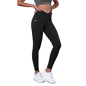 ODODOS Women's Cross Waist Full Length Yoga Leggings with Pockets, Inseam 28" Gathered Crossover Workout Yoga Pants, Black, Medium