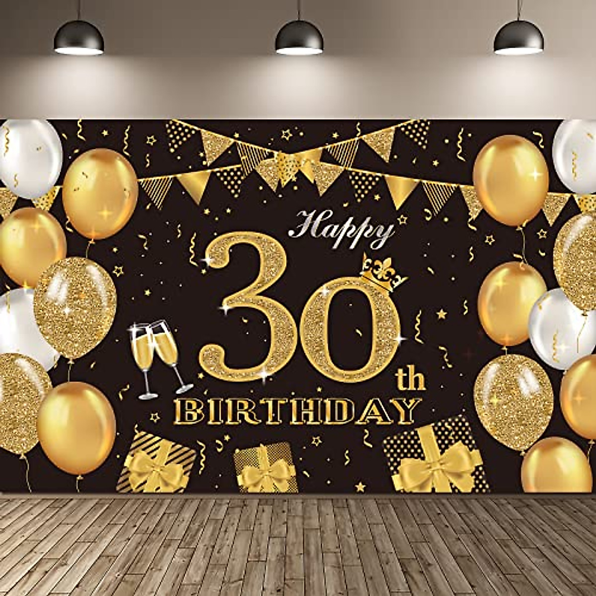 30th Birthday Party Decoration, Extra Large Black and Gold Sign Poster 30th Birthday Party Supplies, 30th Anniversary Backdrop Banner Photo Booth Backdrop Background Banner