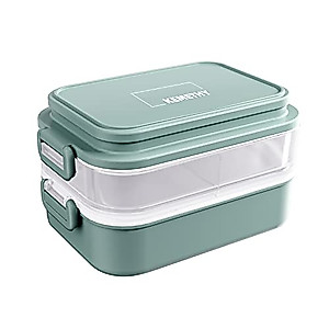 KEMETHY Bento Box Adult For Lunch, Stackable Large Capacity Containers with Tableware and Sauce Cups for Adults, Leak-Proof 2000ML/68OZ Green