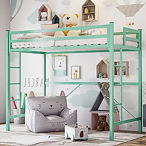 IKIFLY Junior Metal Twin Size Loft Bed Frame with 2 Ladders, Safety Guard Rail, Noise Free, Space-Saving Design - for Adults/Teens - Mint Green