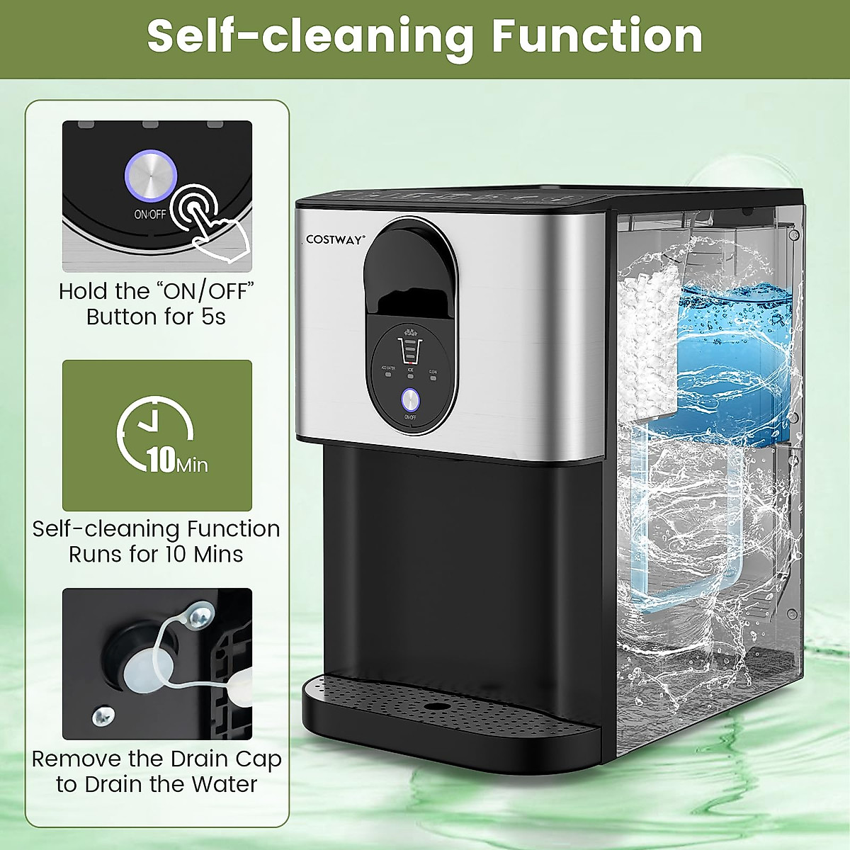 COSTWAY Self Dispensing Nugget Ice Maker Countertop, 56 Lbs/24H Soft Chewable Ice, Pebble Ice Maker with Self-Cleaning, One-Button Operation, Portable Stainless Steel Ice Maker for Home Office Party