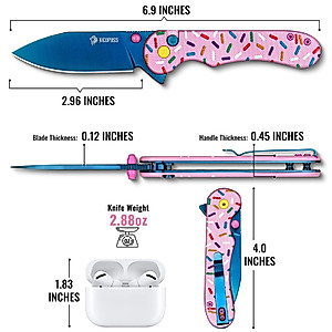 NedFoss DONUT Pink Pocket Knife for Women Men, 2.96" Blade Small EDC Knife, 14C28N Steel Button Lock Knife, Unique Donut Design G10 Handle Folding Utility Knife