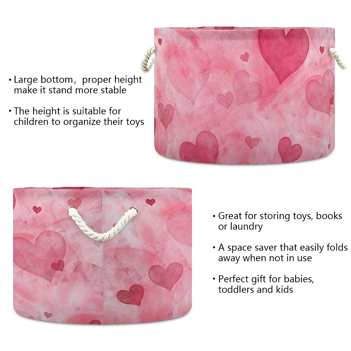 ALAZA Large Storage Basket for Toys Valentine's Day Red Heart Round Blanket Basket Laundry Hamper Canvas Organizer Bin Box Cotton Rope Collapsible Bucket Pillow Home Decor