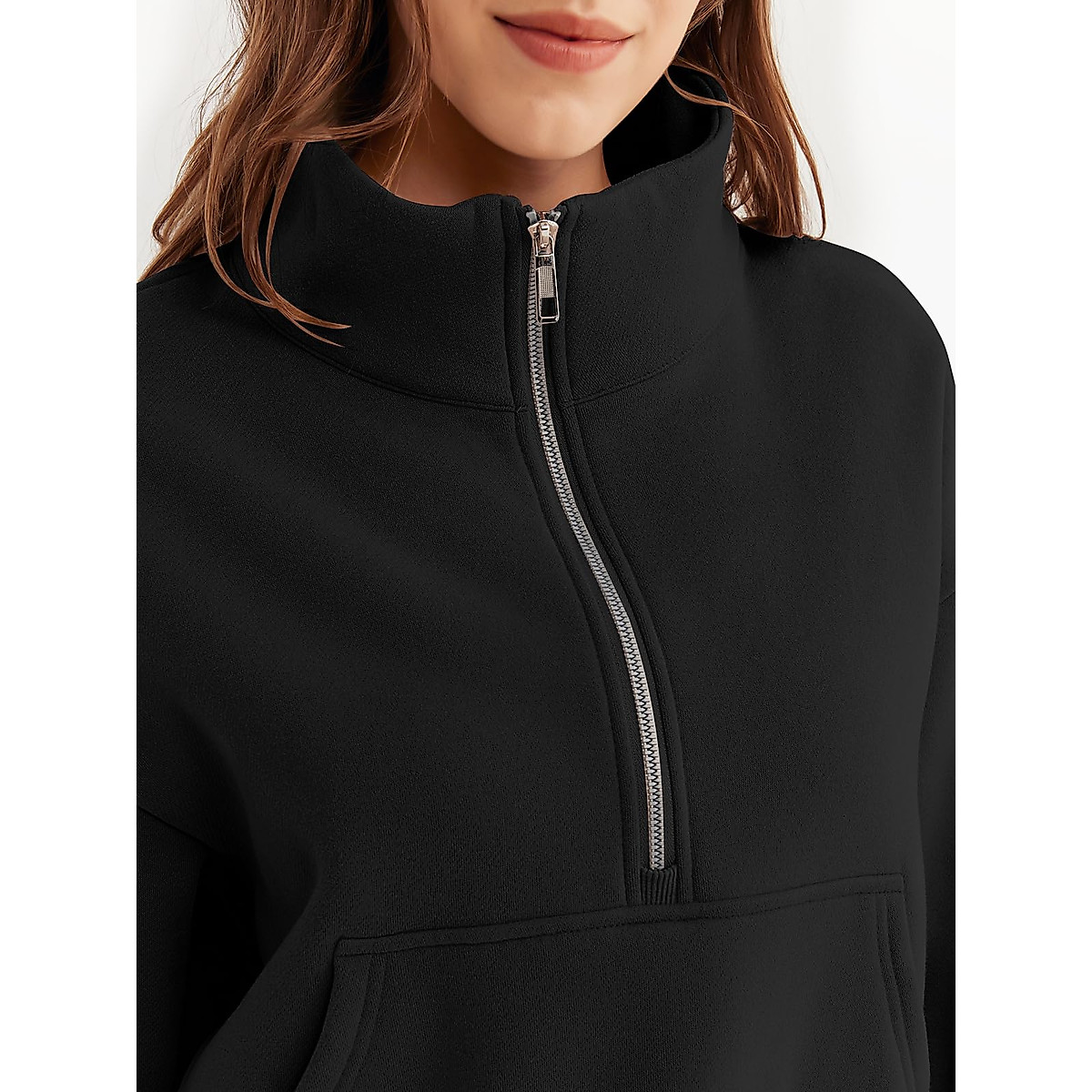 Trendy Queen Womens Half Zip Cropped Pullover Oversized Sweatshirts Fleece Quarter Zipper Hoodies Winter Clothes Sweaters Thumb Hole Black