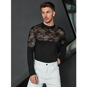 WDIRARA Men's See Through Floral Lace Mock Neck Long Sleeve Casual Tee Shirt Top Black XL