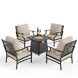 MIXPATIO Patio Furniture Set with Fire Pit Table, 5 Pcs Metal Outdoor Conversation Set, 4 Single Chairs with 5.75" Extra Thick Cushion and 28" Fire Pit Table for Backyard Deck, Beige