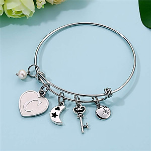 Initial Bangle Bracelets For Women - Heart Charm Engraved Letter C Initial Bracelet Stainless Steel Charms Expandable Wire Bracelets Birthday Jewelry Gifts for Women Teen Girls Girls Teenager