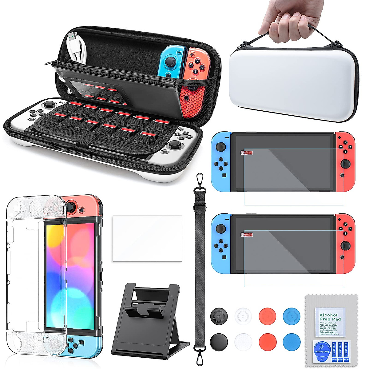 Case and Tempered Glass Screen Protector Compatible with Nintendo Switch OLED, Portable Travel Carrying Case Pouch with Pocket, Slim Protective Shell, Stand, Joystick Caps for Accessories and Games
