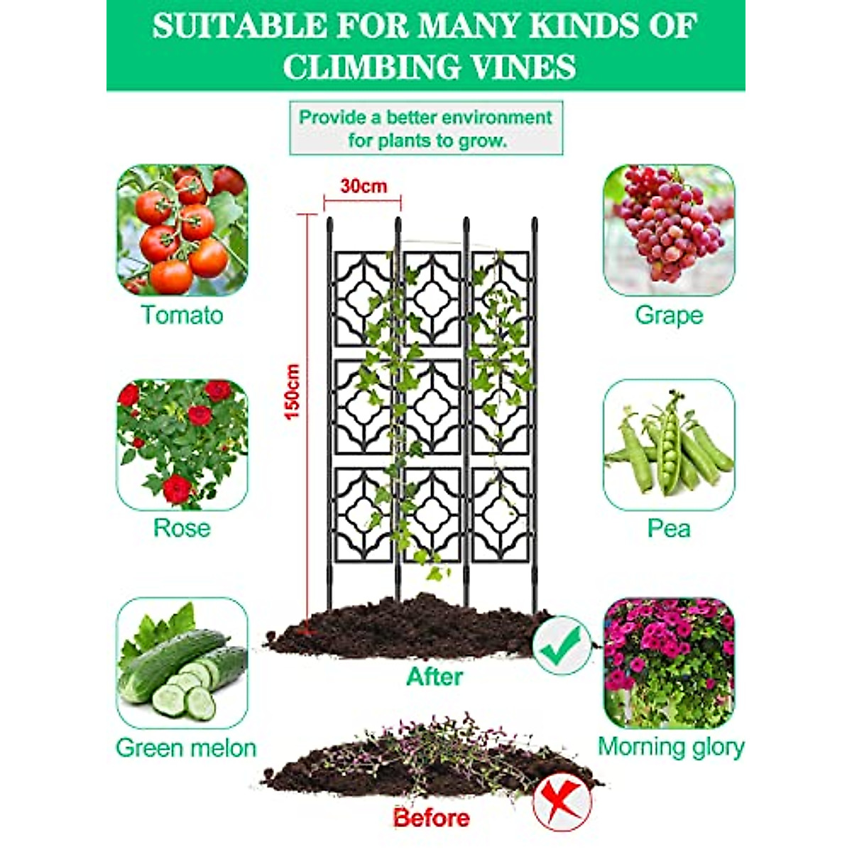 5FT Garden Trellis for Climbing Plants Outdoor, Kalolary Screen Garden Trellis Rustproof Vine Trellis Frame Cucumber Trellis Grow Support for Outdoor Indoor Fruits Vegetables Flowers Potted Plants