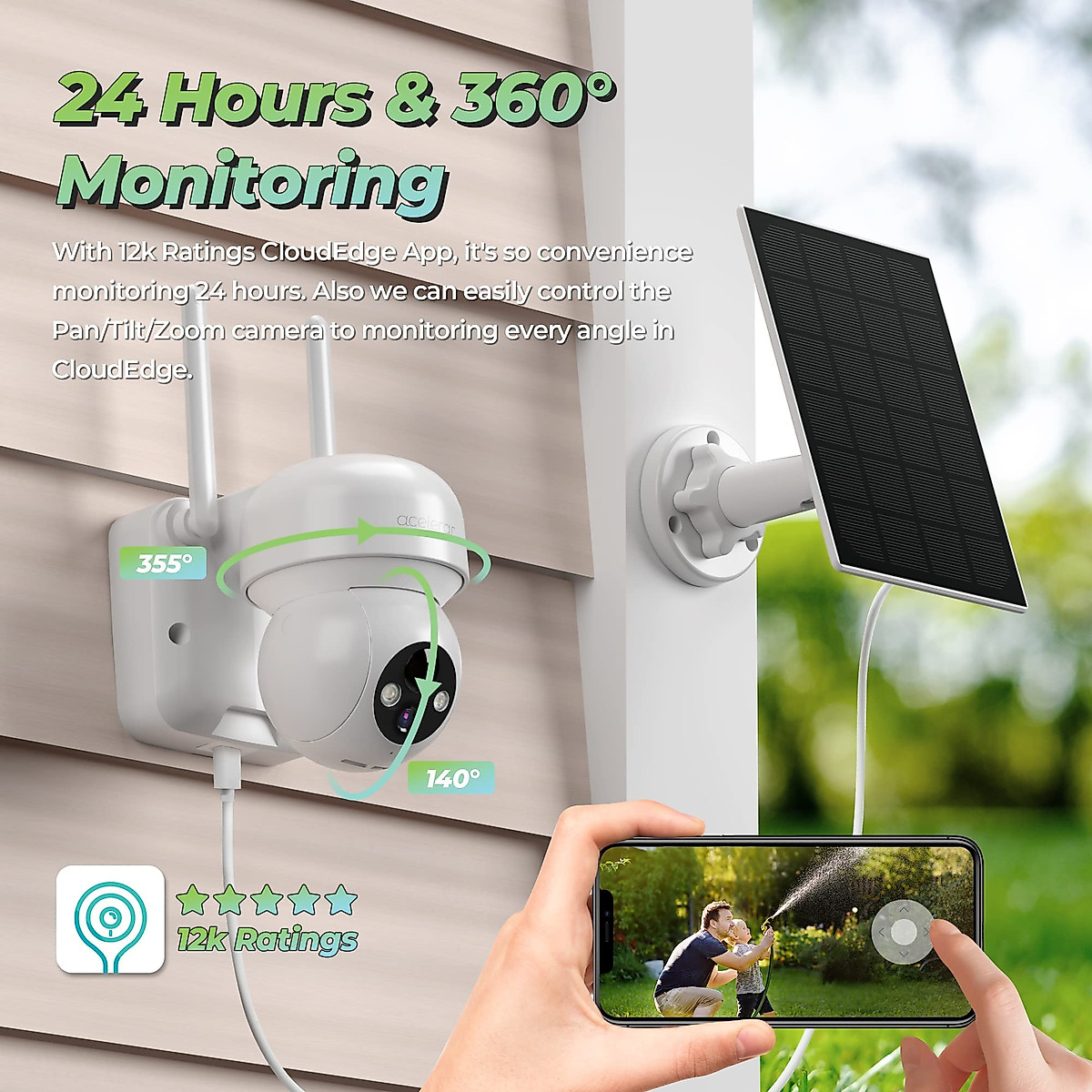 Solar Security Camera Outdoor with Solar Powered, 2K 3MP Color Night Vision PTZ WiFi Camera Built-in 9600mAh Battery with Motion Detect