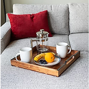 BIRDROCK HOME Wooden Serving Tray with Handles - Farmhouse Decor - Square Top Breakfast Trays - Tea Cheese Board - Coffee Table - Natural Acacia Wood - Kitchen - Bar