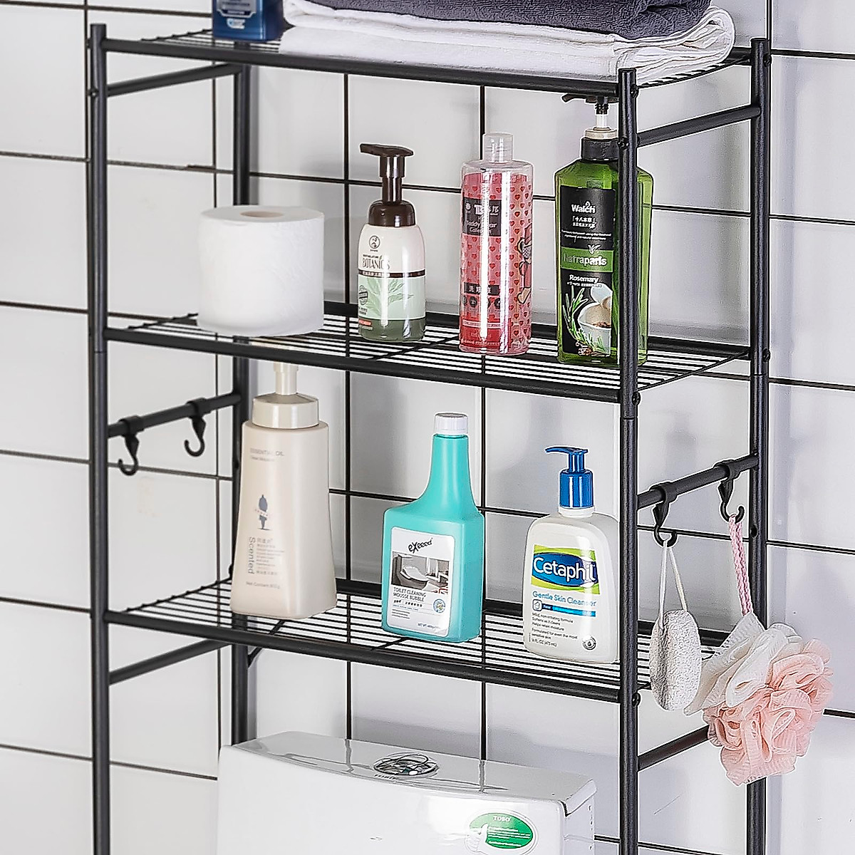 KIMZDA 3-Tier Over The Toilet Storage Rack Bathroom Space Saver Metal Towel Organizer, with 4-Hooks and Adjustable Feet, Black